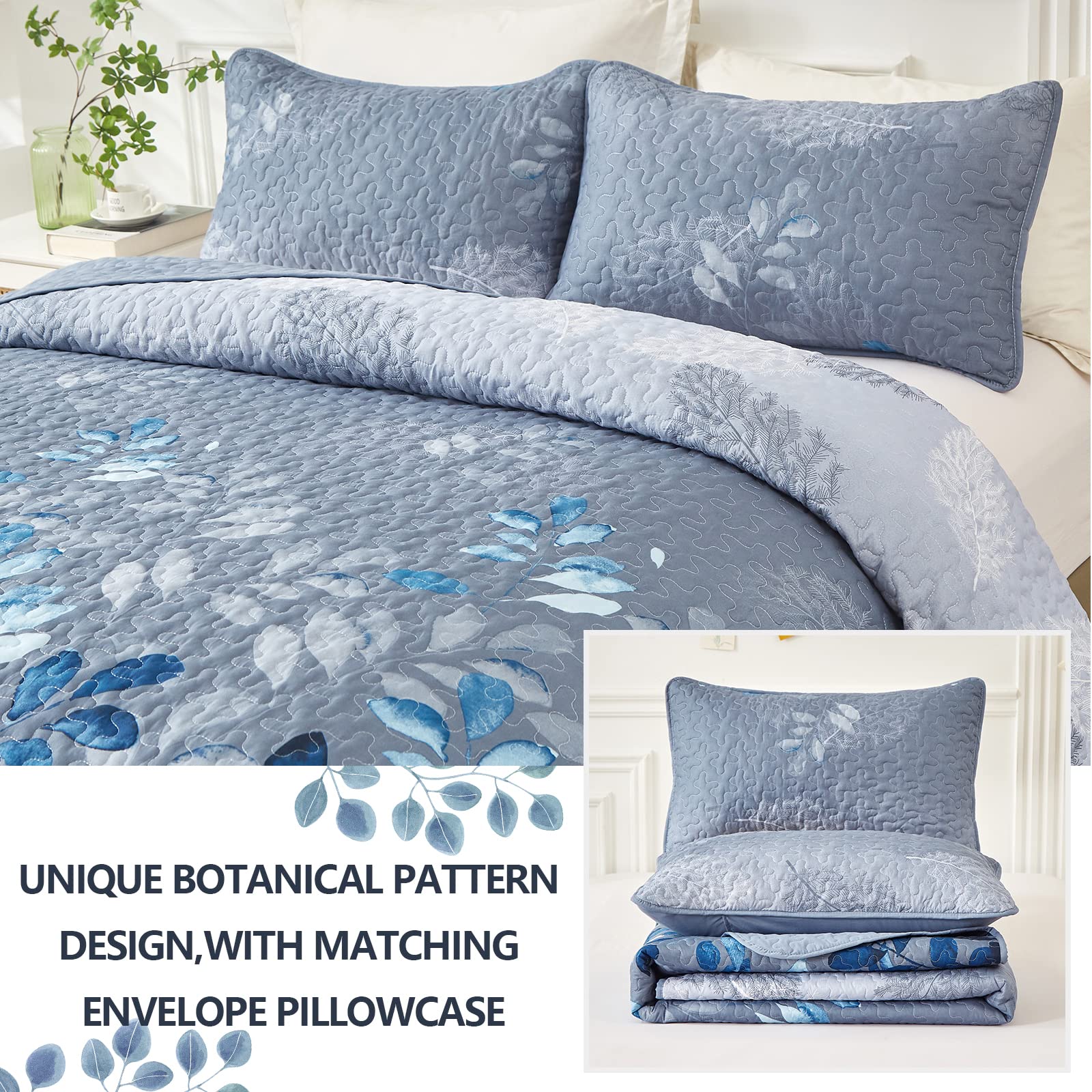 WONGS BEDDING Blue Floral Quilt Set California King, 3 Pieces Botancal Leaves Bedspread Coverlet Set with 2 Pillowcases for All Season, Soft Microfiber Floral Bedding Set 106"×96"