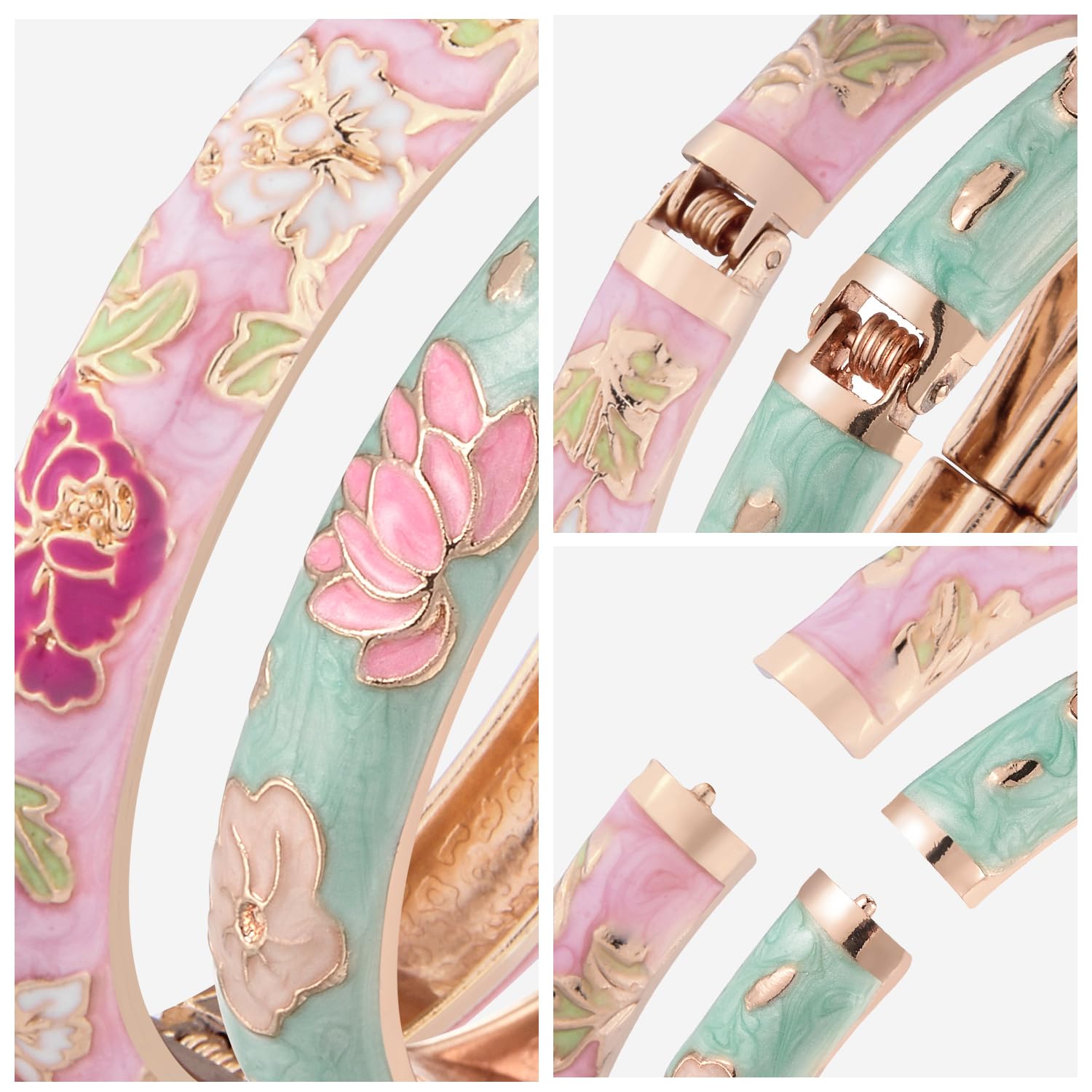 UJOY Elegant Bracelet Gold Plated Enameled Jewelry Spring Hinge Metal Cuff Cloisonne Bangles Set Gift Box Packed 55A82-55A117 green pink