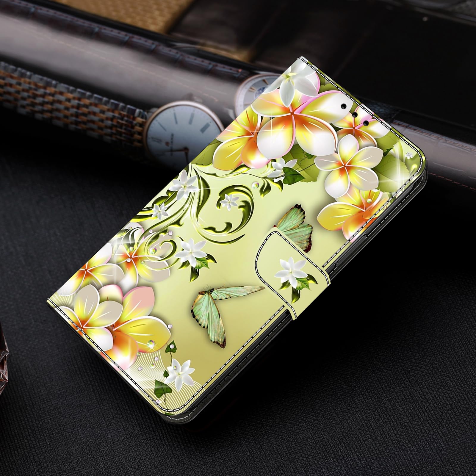 VODEFOX Wallet Case Compatible with iPhone 15 Case,Cute 3D Print Design Flip Folio Leather 2023 Phone Case Wallet leather Butterfly with Card Holder Magnetic Closure - Green Floral Butterfly