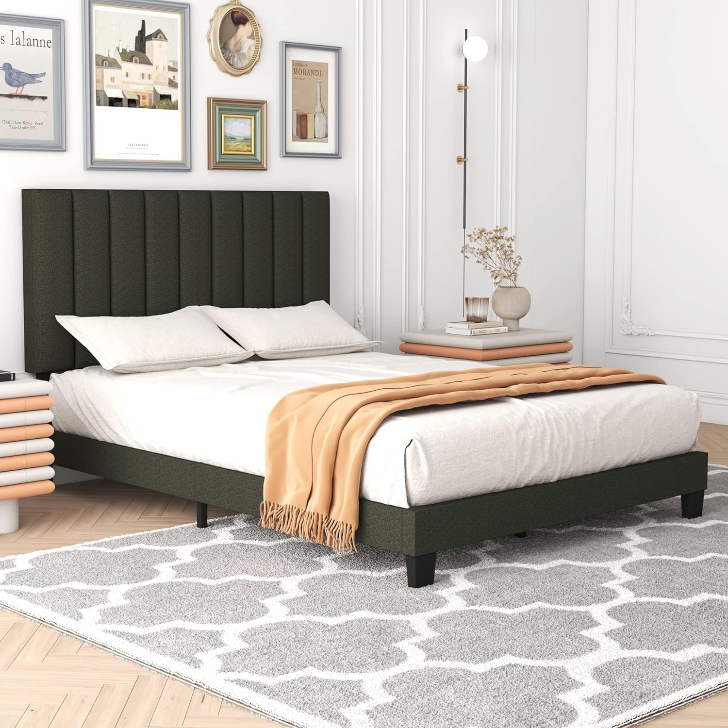 wOod-it Full Size Platform Bed Frame with Headboard, Upholstered Bed Frame with Wingback, No Box Spring Needed, Easy Assembly Solid Wooden Slats, Noise-Free, Light Gray