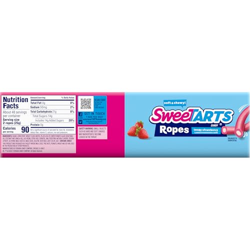 SweeTARTS Ropes, Candy, Tangy Strawberry, Soft and Chewy, Back to School Sweet Treat, 3.5 oz, 12 ct