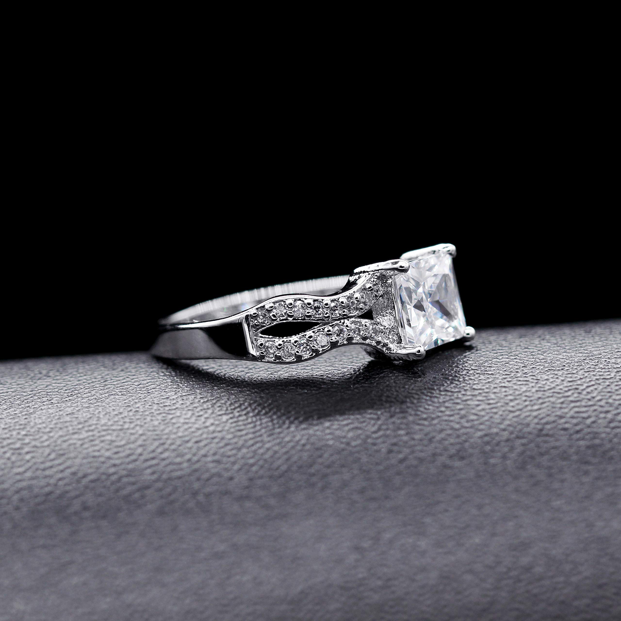 Uloveido Womens Princess Cut Split Shank Engagement Ring White Gold Plated Halo Promise Wedding Ring with Created Diamond Size 7 WX026