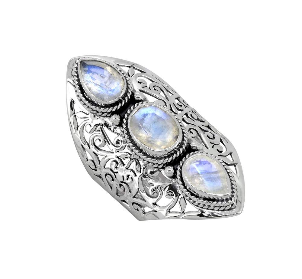 YoTreasure Moonstone Solid 925 Sterling Silver 3 Stone Ring Jewelry