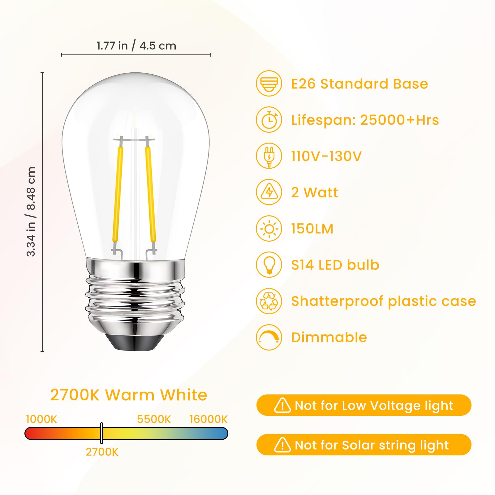 Svater 15 Pack 2W S14 Replacement LED Bulbs for Outdoor String Light, Dimmable Plastic Vintage Edison Bulb Lights, E26 Base,IP65 Waterproof, Warm White 2700K