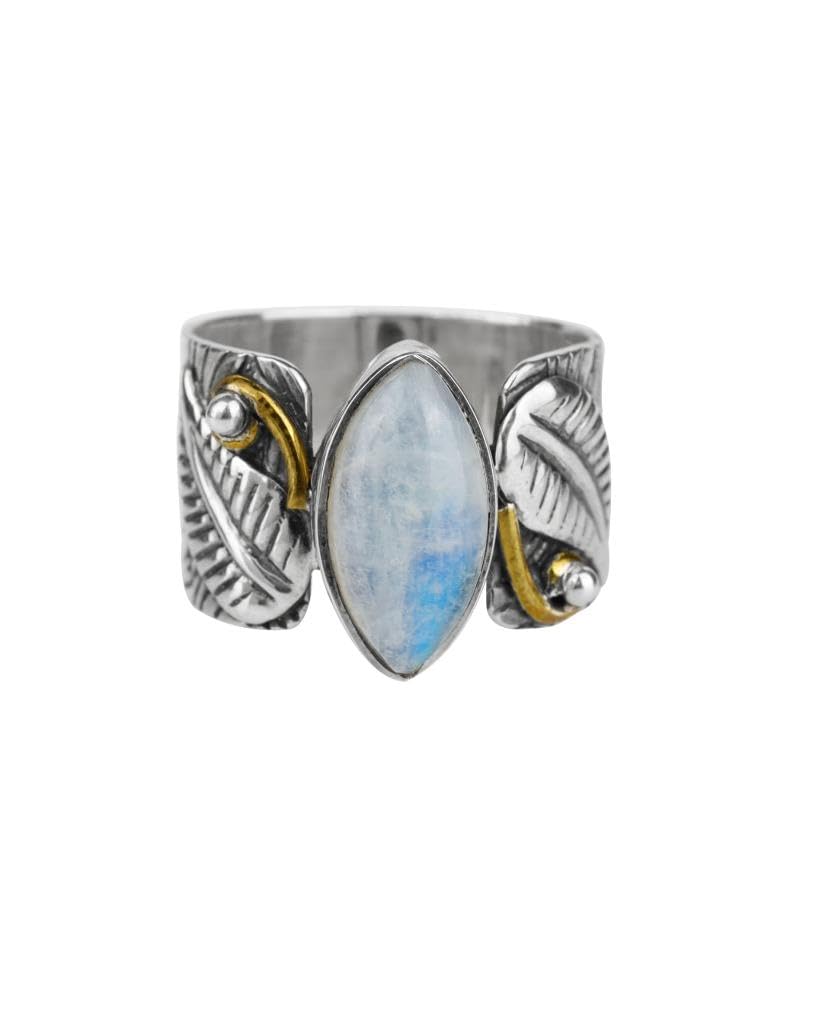 YoTreasure Rainbow Moonstone Solid 925 Sterling Silver Brass Wide Band Boho Ring