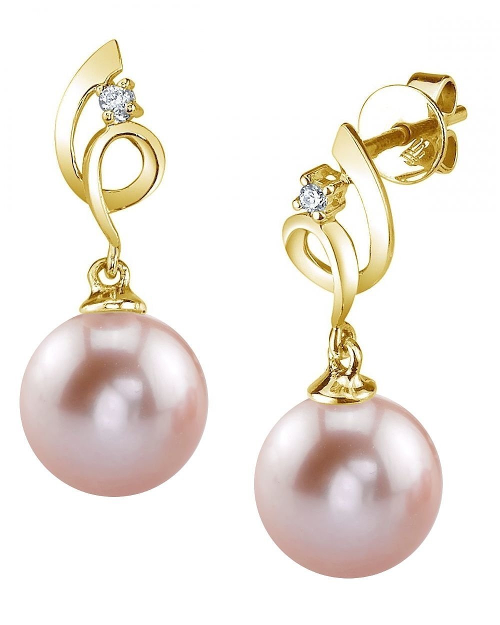 THE PEARL SOURCE 14K Gold 10-11mm AAAA Quality Pink Freshwater Cultured Pearl & Diamond Symphony Earrings for Women
