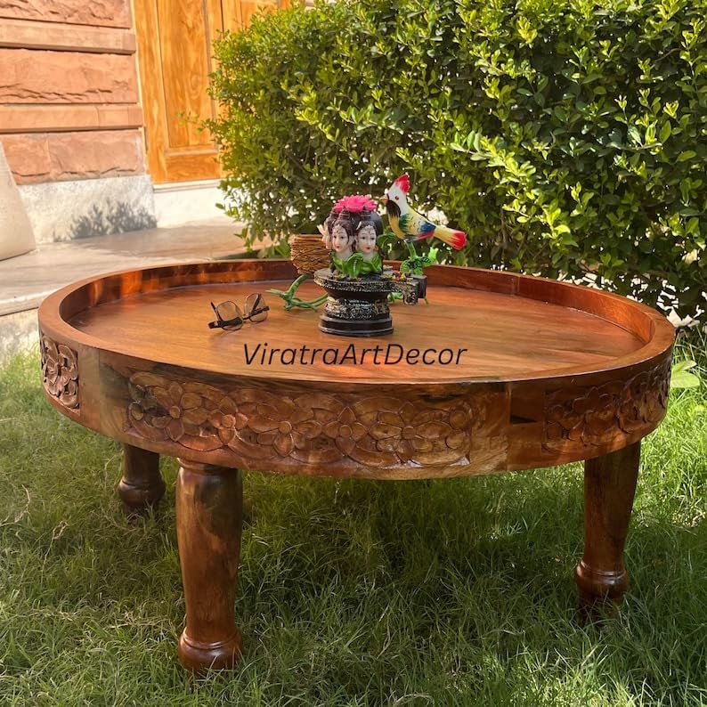 Wooden Decorative Chakki Table In Floral Pattern Carving, Handicraft Coffee Table/Side Table/End Table (45x45x20 Cm)