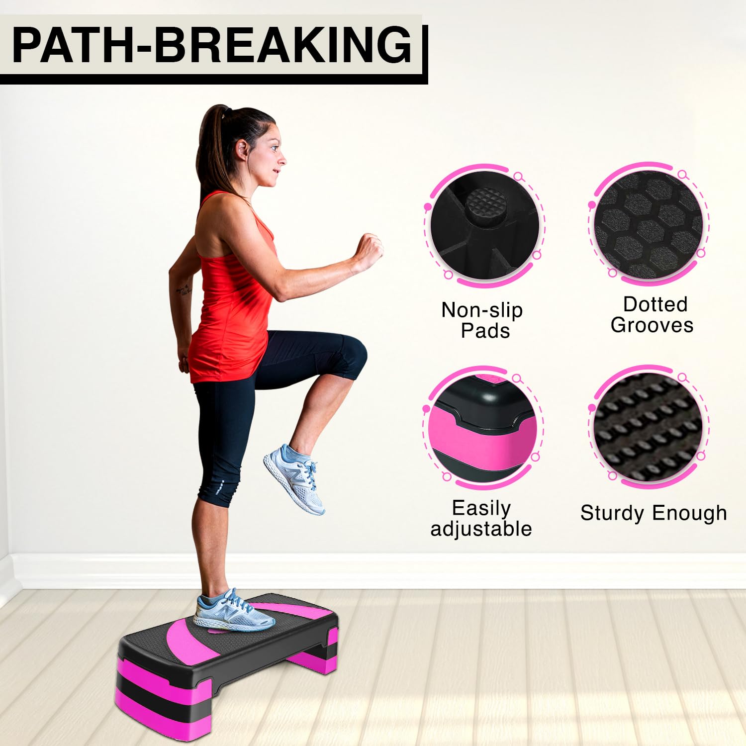 XN8 Aerobic Stepper for Exercise 3 Levels Adjustable Height 4" 6" & 8" Inch Exercise Step Platform Non Slip Step Board for Workout Home Gym Cardio Strength & Training | 31" Length x 12" Width (Inches)