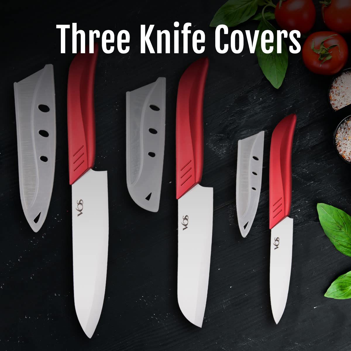 Vos Universal Knife Block and Ceramic Kitchen Knives With Covers, Ceramic Paring Knife 4", 5", 6" Inch Red