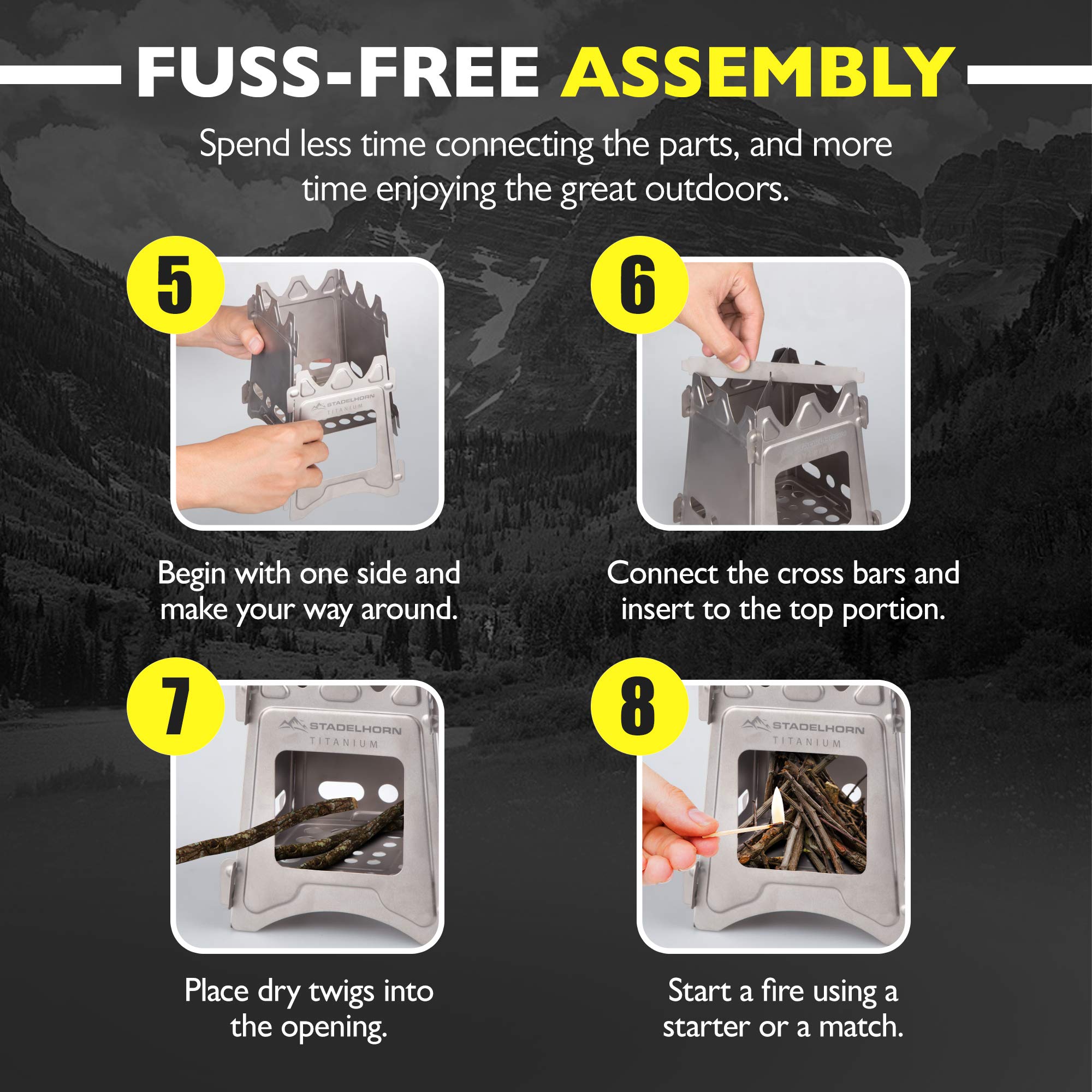 STADELHORN Titanium Minimalist Wood Stove Ultralight 100% Pure Titanium Portable & Foldable for Camping, Backpacking, Hiking, and Bushcraft Survival. Stronger and Lighter vs Steel, weighs only 7.3 oz.