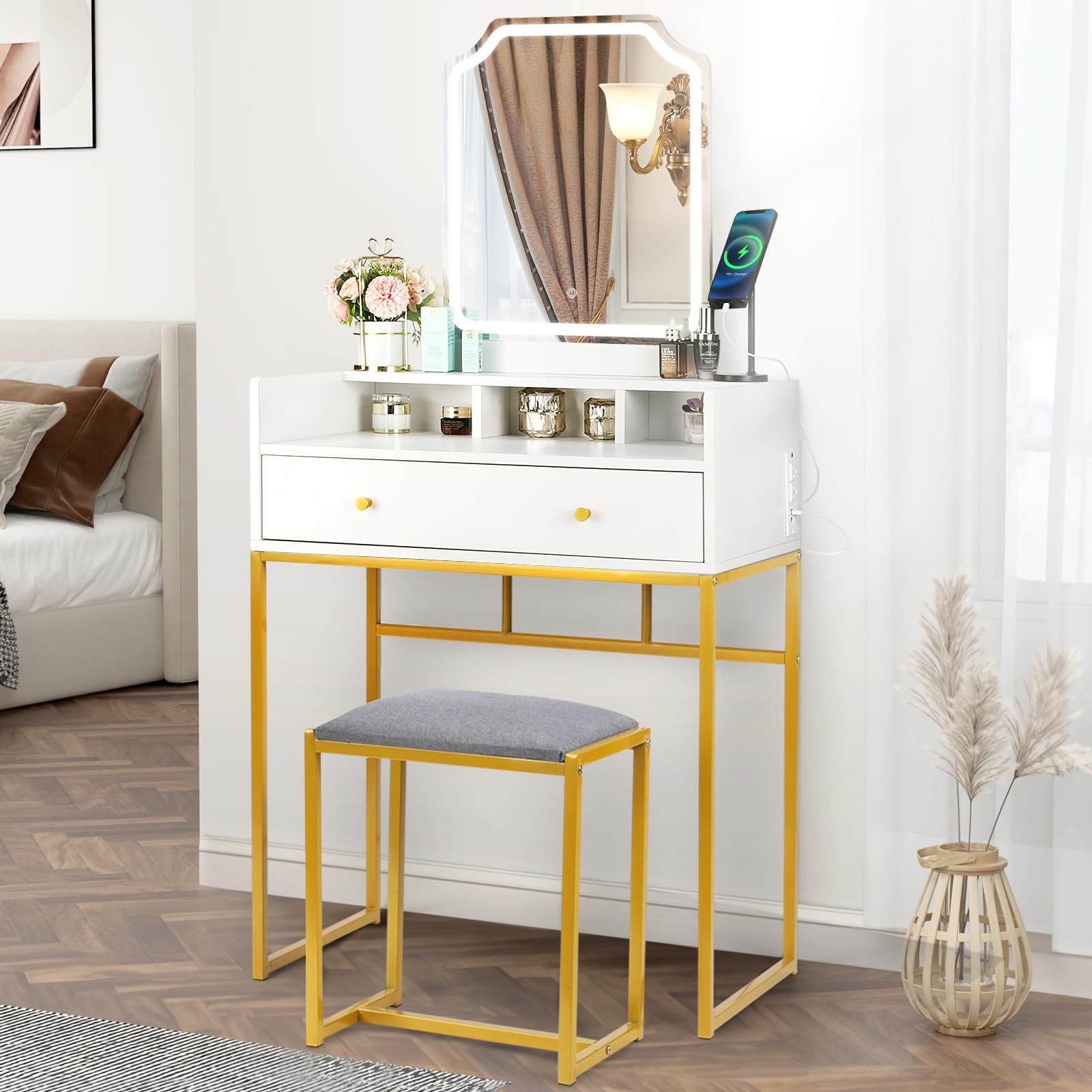 VOWNER Makeup Vanity Desk with Lighted Mirror, 3 Color Dimmable Vanity Table Set for Bedroom with Power Outlet, Drawer & Cushioned Stool, White, VOWNER-171
