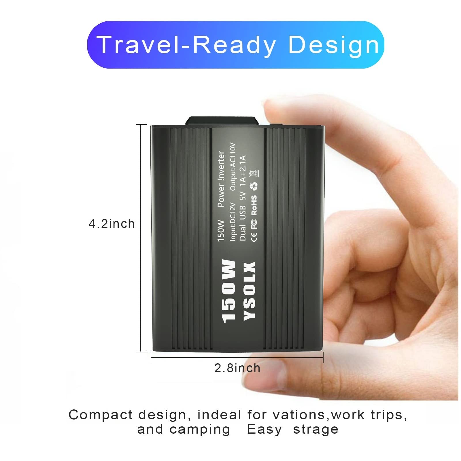 YSOLX 150W Power Inverter DC 12V to 110V AC Converter Car Plug Adapter Outlet Charger for Laptop Computer