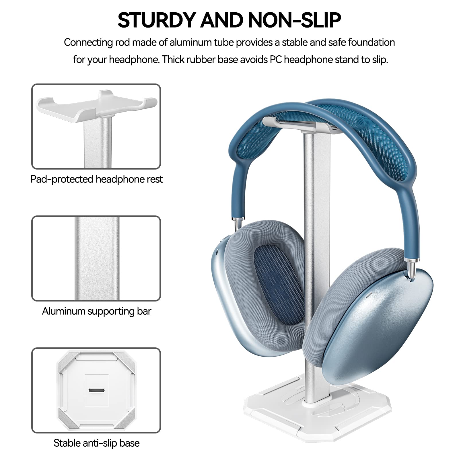 TuparGo Headphone Stand for Desk, Standing Computer Headset Holder,Aluminum Tube Connection and Easy to Assemble ,Suitable for All Over-Ear Headphone (White, 2-Pack)
