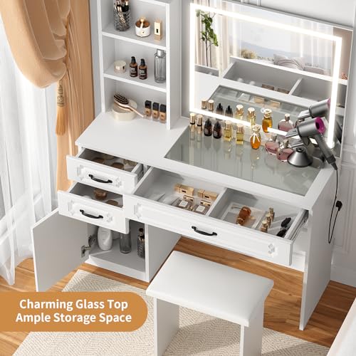 VOWNER Vanity with Lighted Mirror - Makeup Vanity Desk with Glass Top, Power Strip, Drawers and Shelves, 3 Color Lighting Modes Adjustable Brightness, Vanity Table with Cushioned Stool, 45'' L