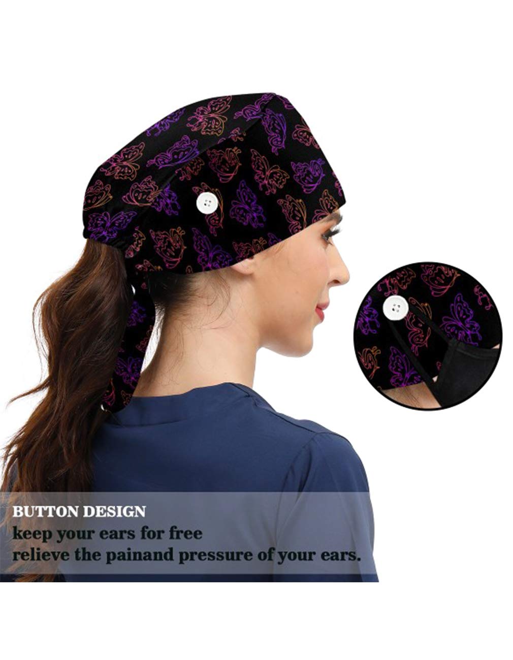 ZDZDY 2Pcs Fashion Working Caps with Buttons Adjustable Sweatband Tie Back Working Hats for Women Men(Dragonfly-Butterfly)