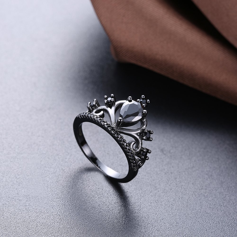 WANGYUSHENG Womens Black Gold Plated Cubic Zirconia CZ Fashion Teardrop Princess Crown Tiara Ring Wedding Band (9)