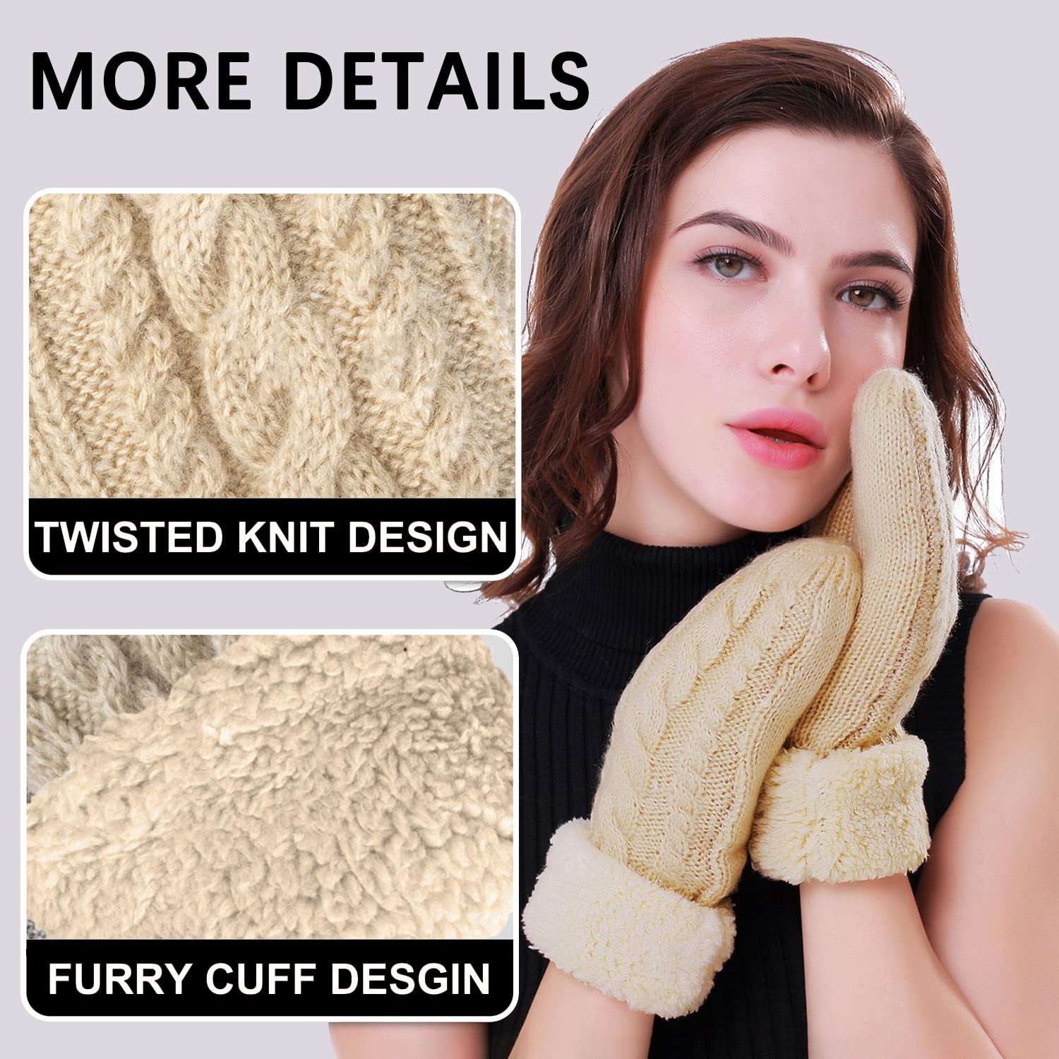 Women's Winter Gloves Warm Lining - Cozy Wool Knit Thick Gloves Mittens in 11 color (gray)