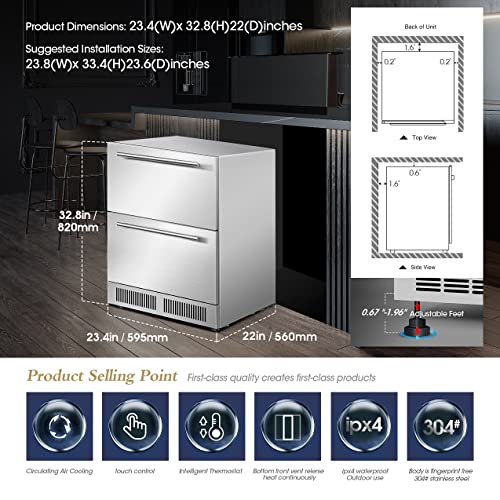 Vesgold 24 inch wide drawer refrigerator, built-in wine and beverage refrigerator under the counter, weatherproof, indoor and outdoor refrigerators, all-stainless steel cooler.