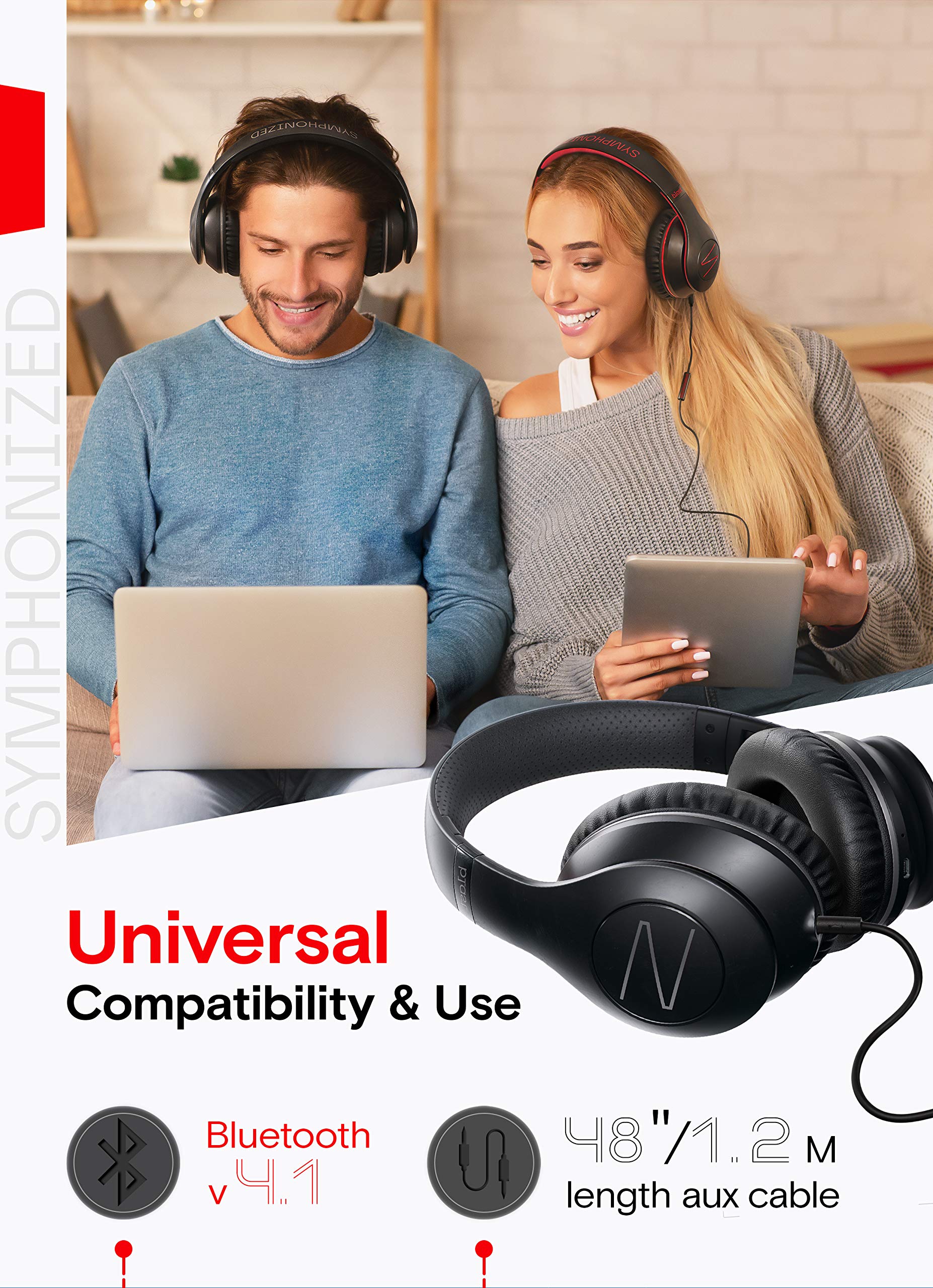 Symphonized 90% Noise Cancelling Over Ear Headphones Wireless β Bluetooth Headphones Over The Ear with Microphone, Cordless Headphones, Over Head Headphones Wireless Bluetooth, Blue Tooth Head Phones