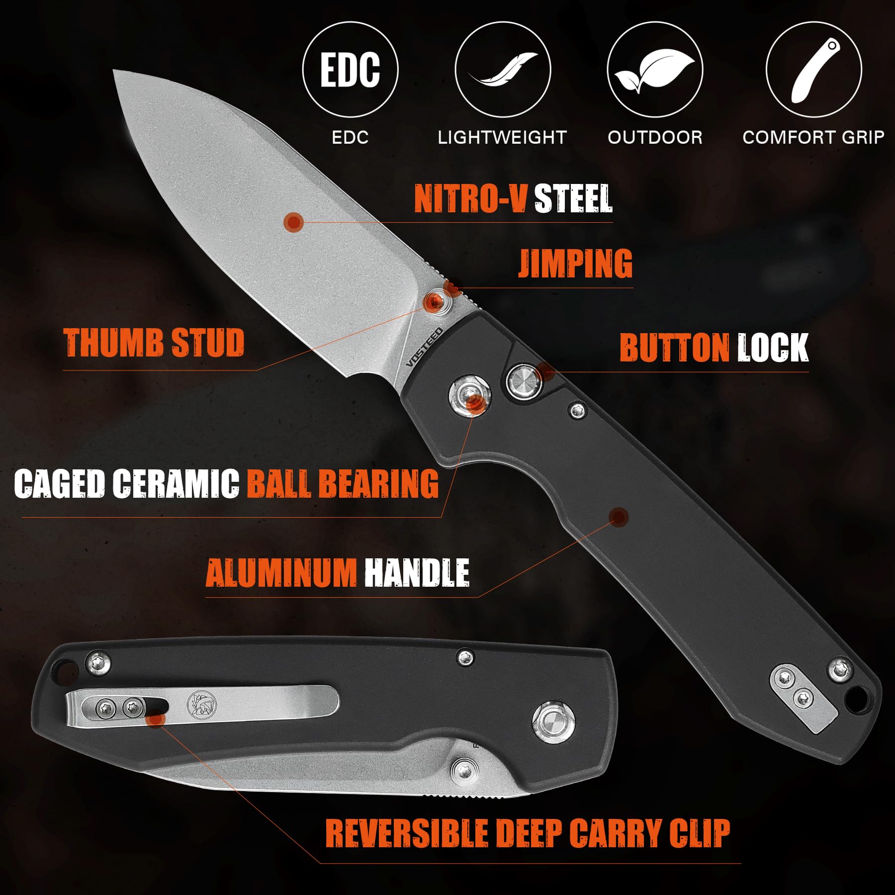 Vosteed EDC Knife, Lightweight Folding Pocket knife with Clip for Men and Women, Sharp Button Lock Knife with 3.25" Nitro-V Steel Blade, Aluminum Black Handle for Camping - Raccoon