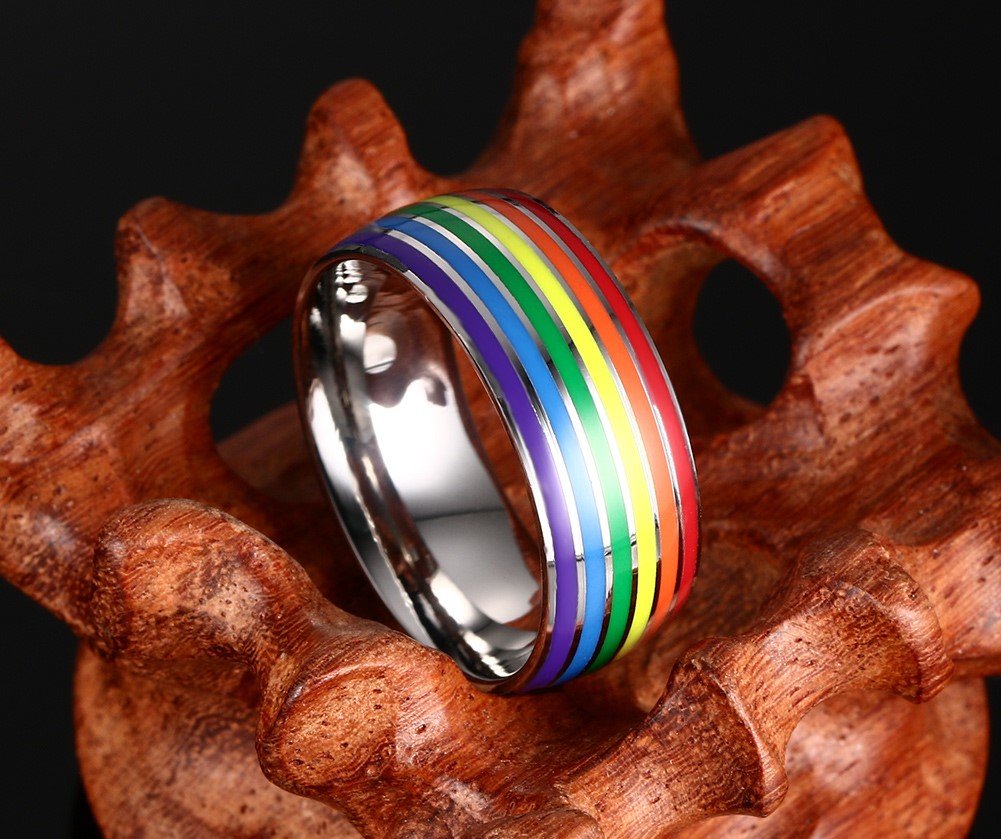 VNOX Custom Personalized Stainless Steel Gay Pride Rainbow Relationship Engagement Rings Weeding Band for Gay Lesbian Couples,Size 9