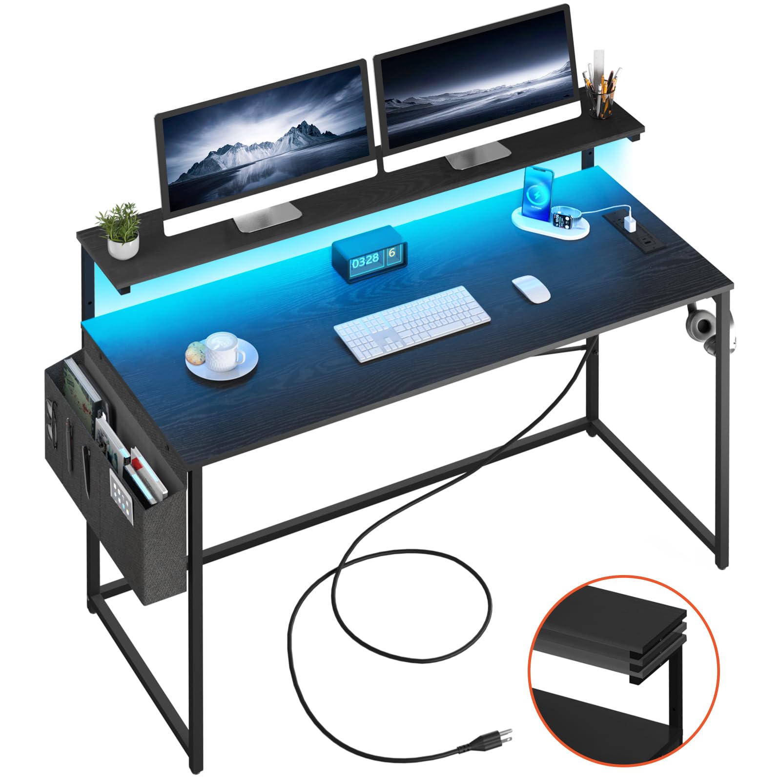 Yoobure Computer Desk with LED Lights, Adjustable Monitor Stand, Power Outlets, and Storage - 47" Home Office Desk
