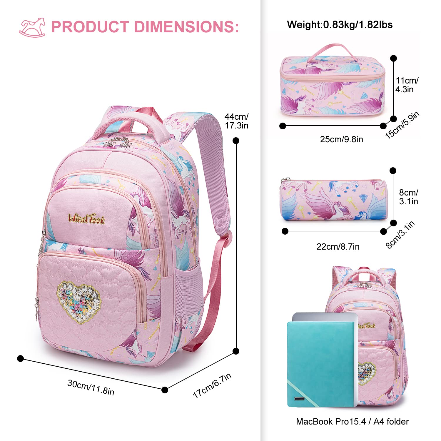 Windtook Kids School Backpack for Girls Elementary Student Bags with Insulated Lunch Bag Pencil Case 3 in 1 Bookbags
