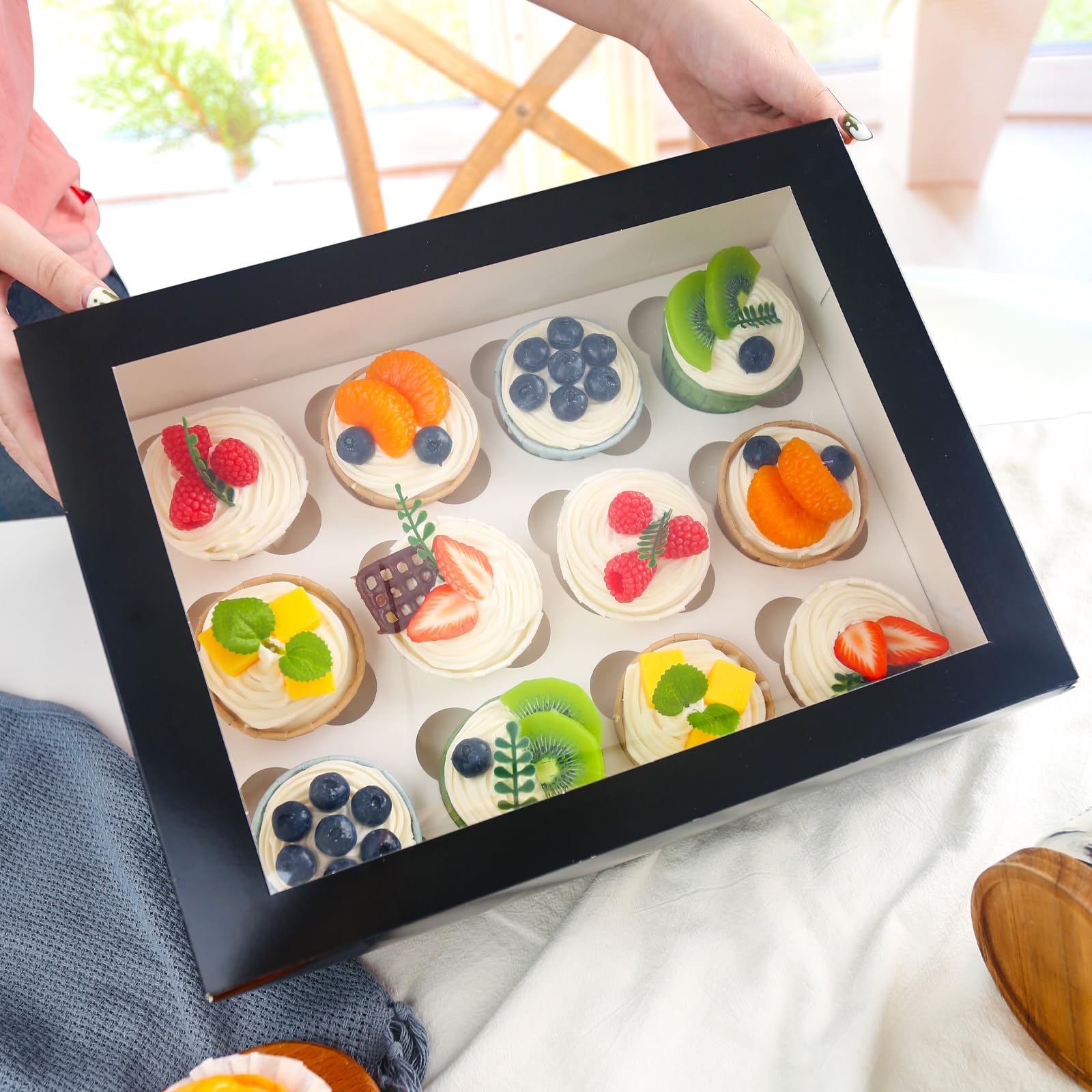 VGOODALL 6PCS Cupcake Containers with Window, Black Cupcake Holder with Insert Pastry Box 12 Count Holding 72 Cupcakes for Birthday Holiday Party Bakery Supplies