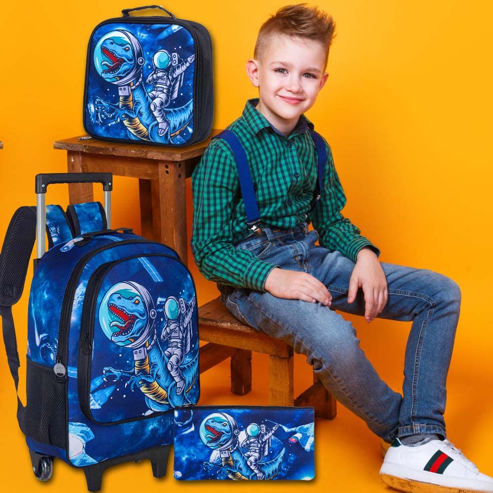 UFNDC 3PCS Kids Rolling Backpack, Dinosaur Wheeled Bookbag for Boys,Travel Roller School Bag with Wheels