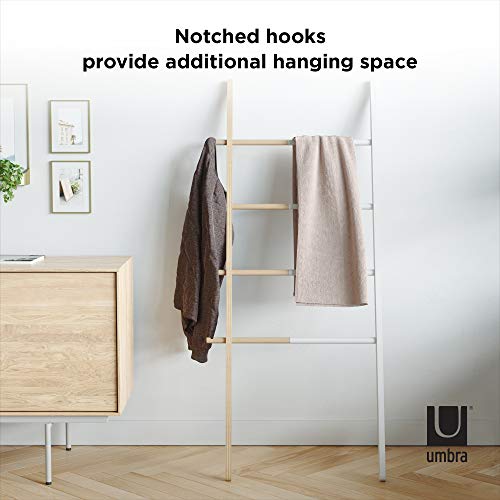 Umbra Hub Ladder β Adjustable Clothing Rack for Bedroom or Freestanding Towel Rack for Bathroom | Expands from 16 to 24 inches with 4 Notched Hooks, White/Natural