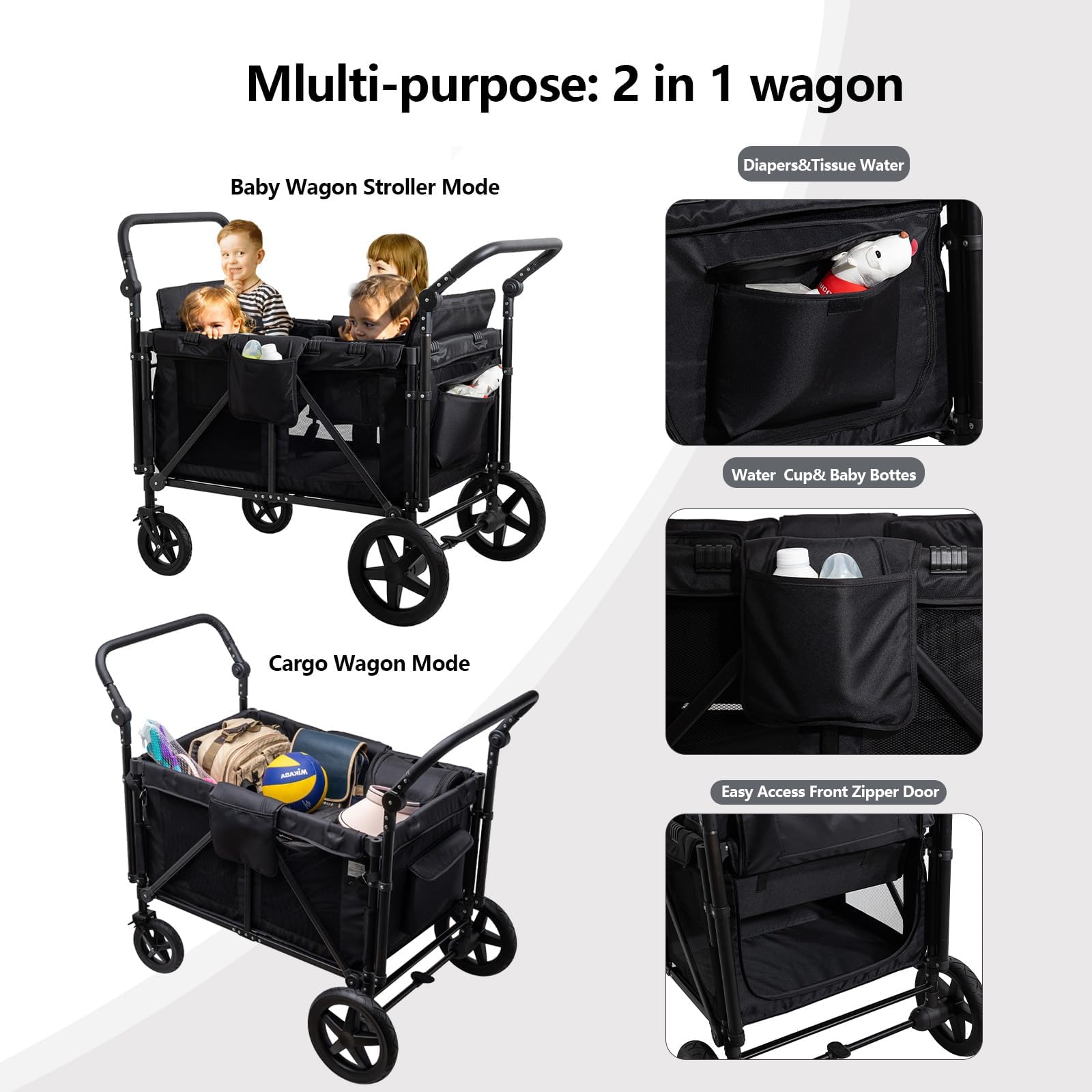 Voupou Wagon Stroller Folding Wagon Push-Pull Stroller Four-Wheel Trolley for 4 Kids with 5-Point Harnesses Safety Belt,Detachable Seats,Removable Canopy,Double Push bar for 1-5y+ Kids