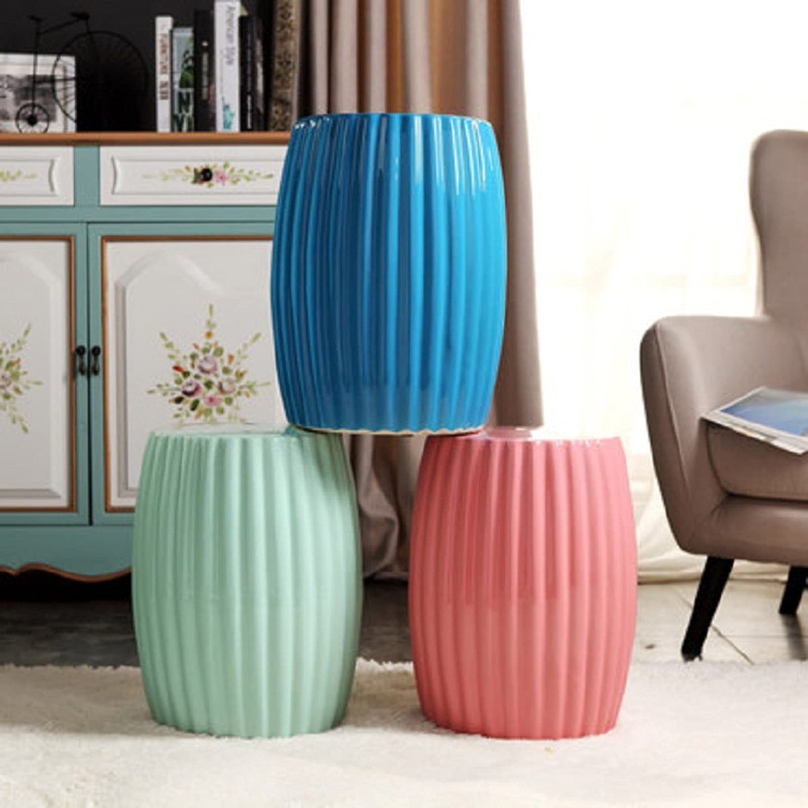 XARONF European-Style Home Decorations, Dressing Stools, Living Room Flower Ceramic Drum Stools, Pavilions Drying Stools. (Color : Pink)