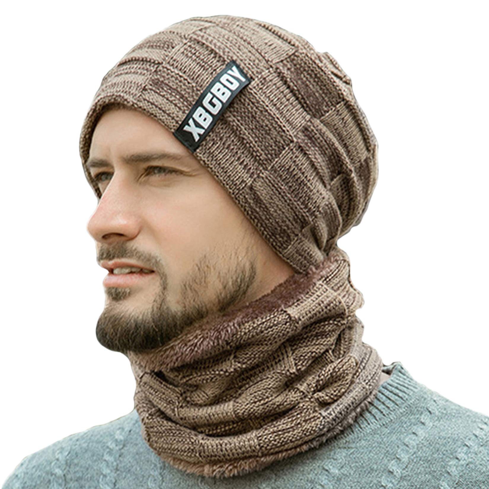 Winter Beanie Hat Scarf Set for Men Warm Knit Hat Thick Neck Warmer with Fleece Lined Winter Cap (Khaki)