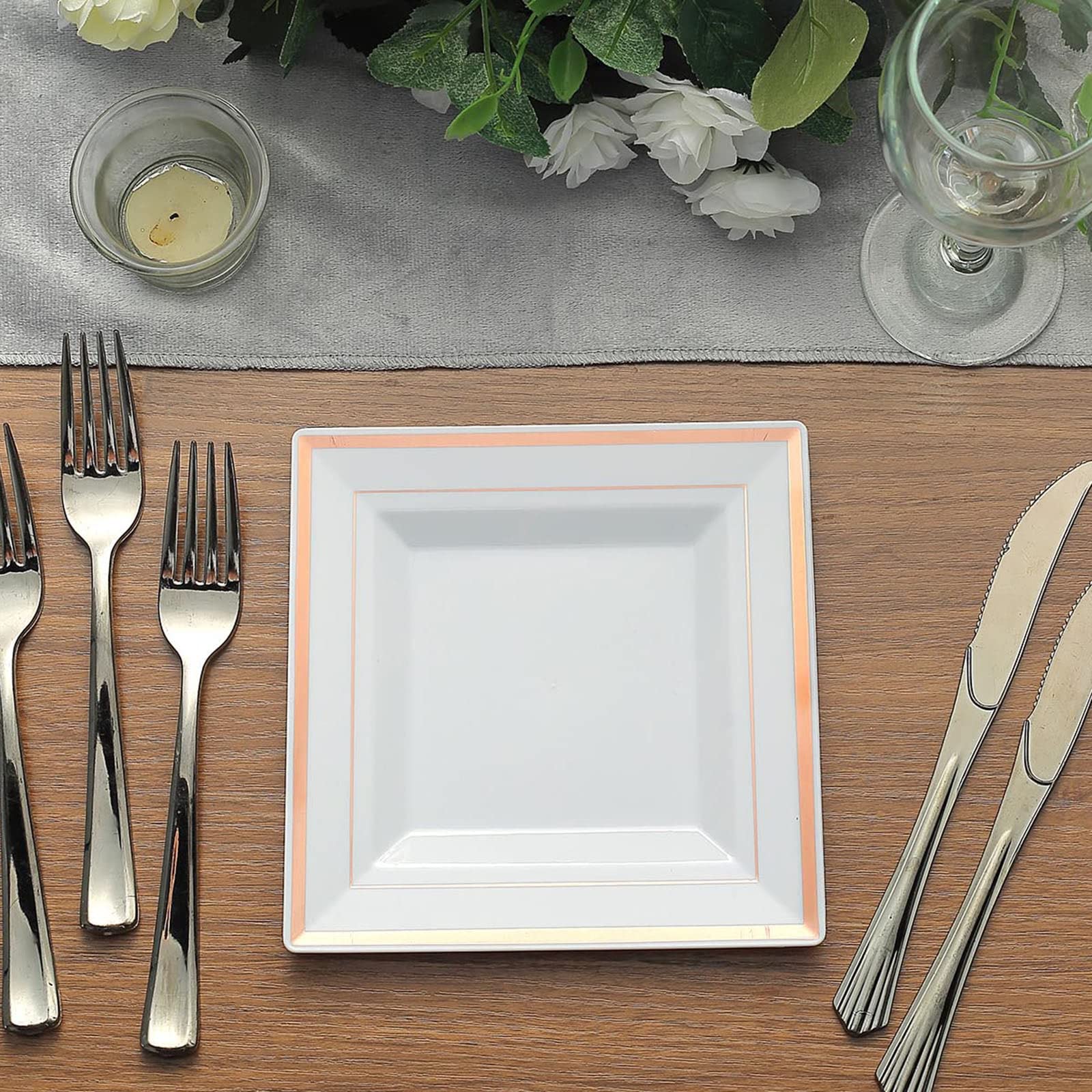 Tableclothsfactory 20 Pack 7" White Disposable Plates Square Plastic Plates Salad Dessert Plates With Shiny Rose Gold Rim For Weddings