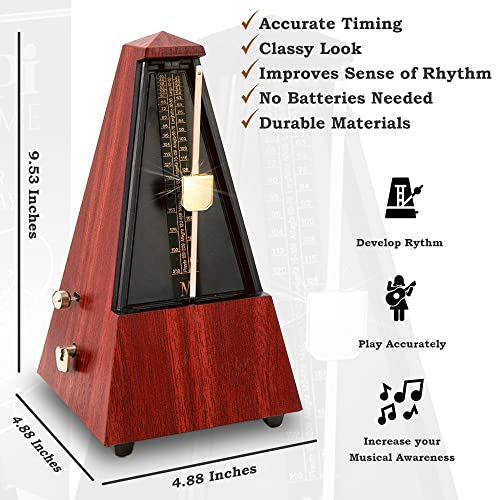 Tempi Mechanical Metronome for Musicians - 2 Year Warranty - Metronome for Piano/Guitar/Violin, Metronome Music for Adults and Kids (Molded Teak Grain Veneer)
