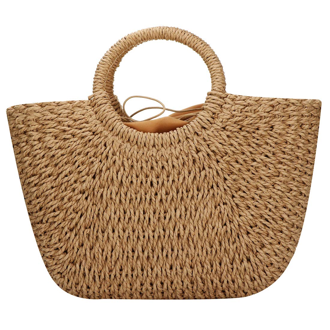 Women Large Straw Handbag Tote Rattan Bag, Summer Vintage Weave Round Beach Bag (Brown)