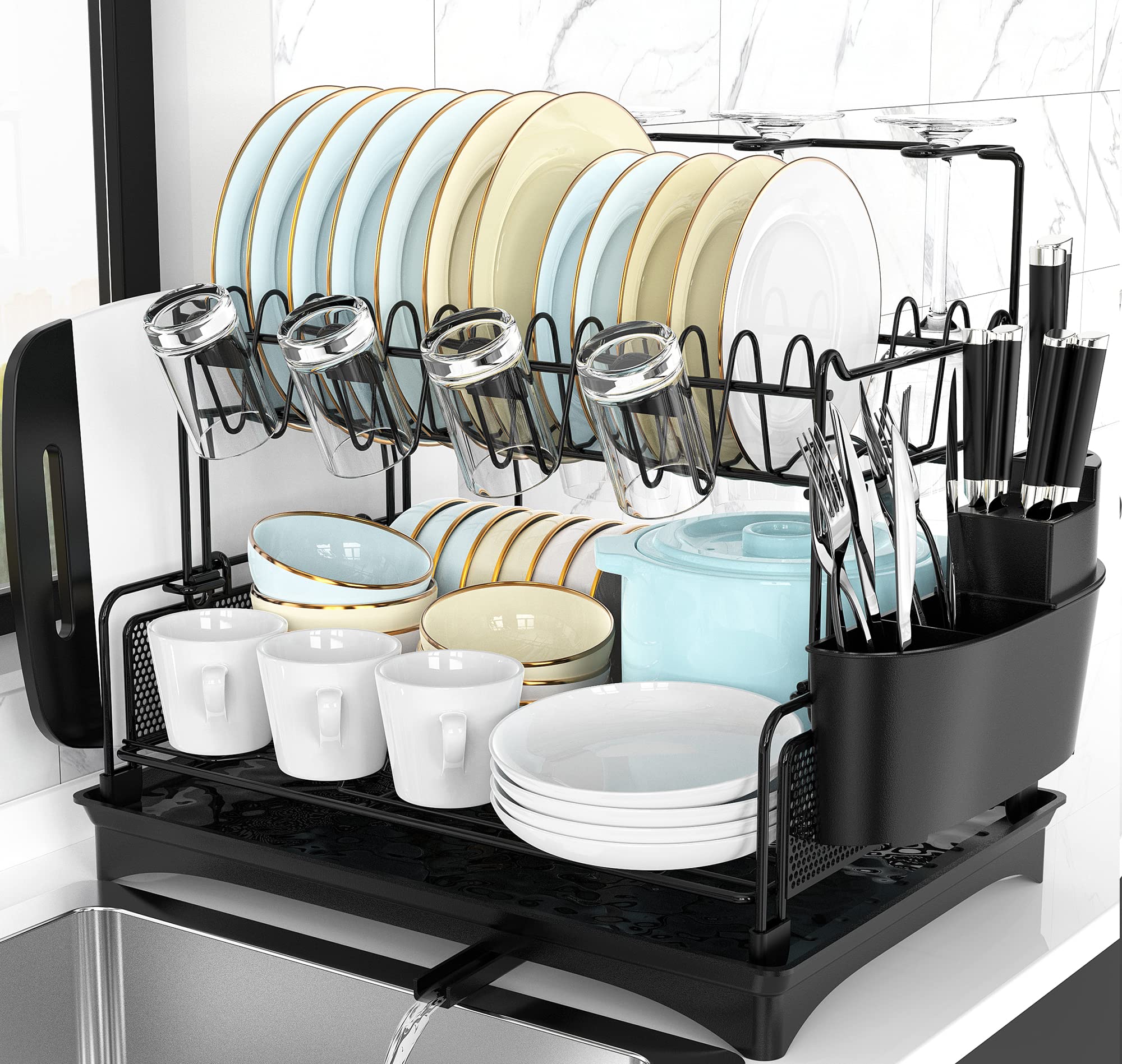 Wahopy Extra Large Dish Drying Rack - 2 Tier Dish Drying Rack with Drainboard for Kitchen Counter, Stainless Steel Dish Drying Rack with Cups, Forks, Knives, Utensil Holder