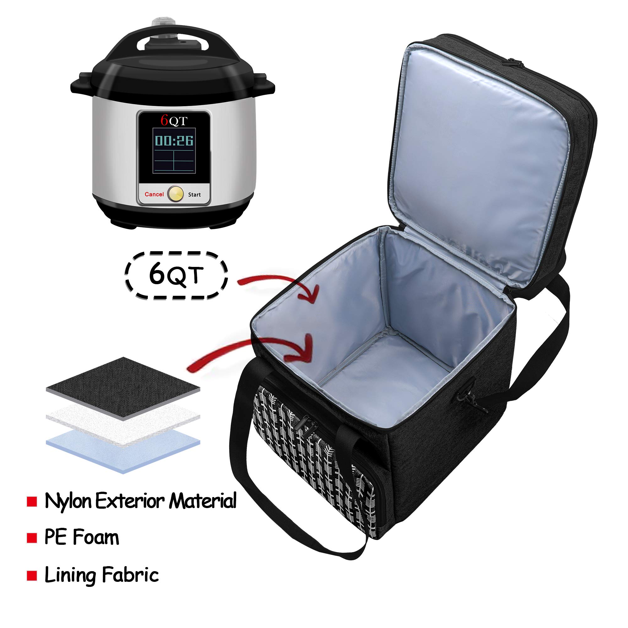 Yarwo Carrying Bag Compatible with Instant Pot 6 Quart, Pressure Cooker Travel Tote Bag with Pockets for Kitchen Accessories, Black with Arrow (PATENTED DESIGN)