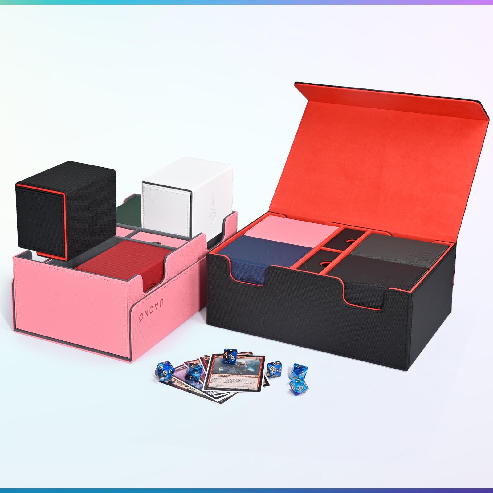 UAONO Card Deck Box with 4 PCS MTG Deck Box for Trading Cards, PU Leather Card Storage Box Holds 900+ Sleeved Cards, Large Card Deck Case Holder for Commander Yugioh PTCG Gaming Cards (Black&Red Set)