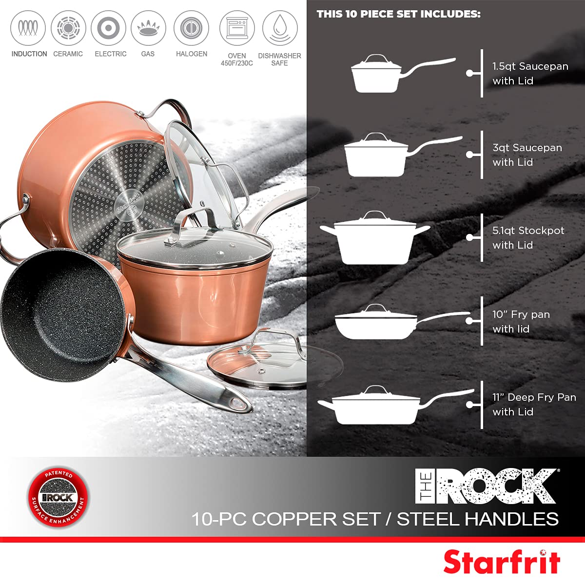Starfrit The Rock 030910-001-STAR 10-Piece Copper Cookware Set, Black, 26.7in x 15.1in x 9.5in