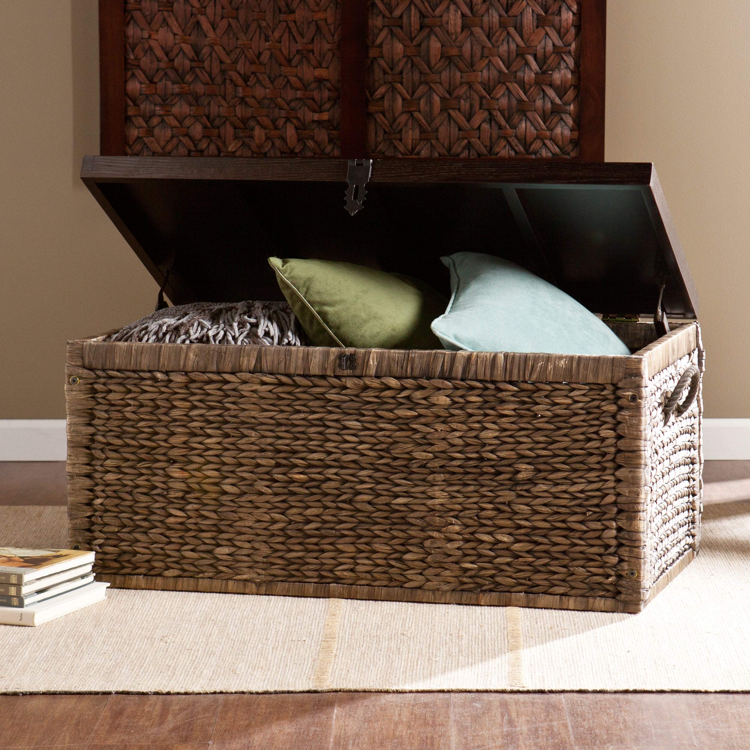 Unknown1 Blackwashed Wicker Trunk Coffee Table Brown Farmhouse Transitional Rectangle MDF Veneer Finish Hidden Storage