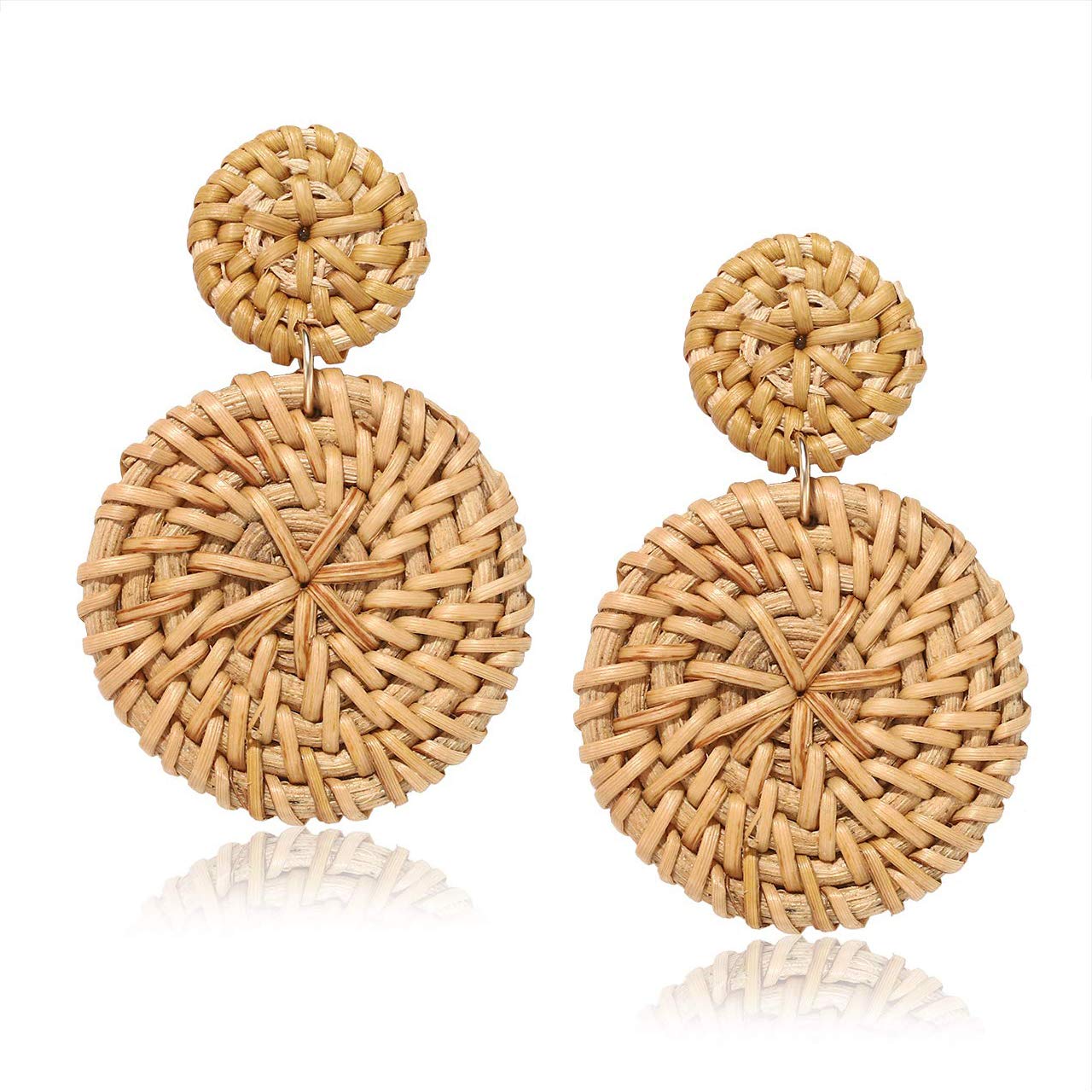 Weave Straw Double Disc Drop Earrings Boho Rattan Dangle Statement Earrings (rattan disk dark)