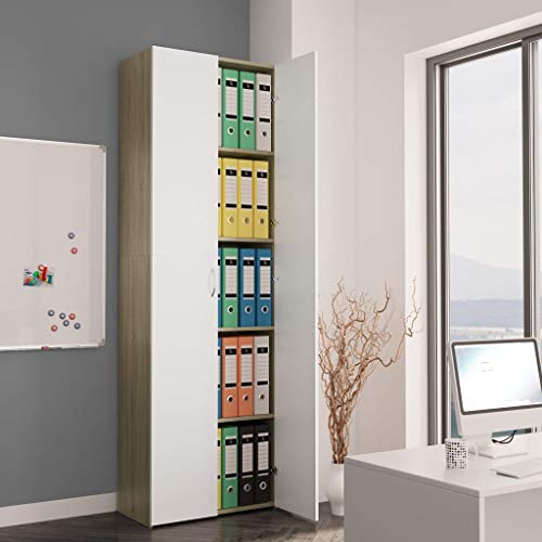 vidaXL Office Cabinet/Storage Cabinet with 5 Shelves Utility Storage Cabinet with 2 Doors for Home Office, White and Sonoma Oak 23.6"x12.6"x74.8" Chipboard