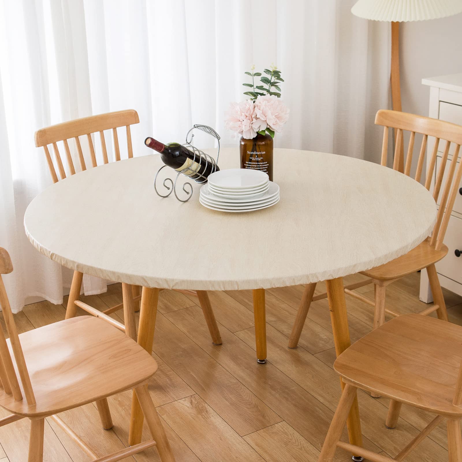 Uranusax Round Vinyl Fitted Tablecloth with Flannel Backing & Elastic Edged - Wipeable & Durable Table Cloth Plastic Table Cover