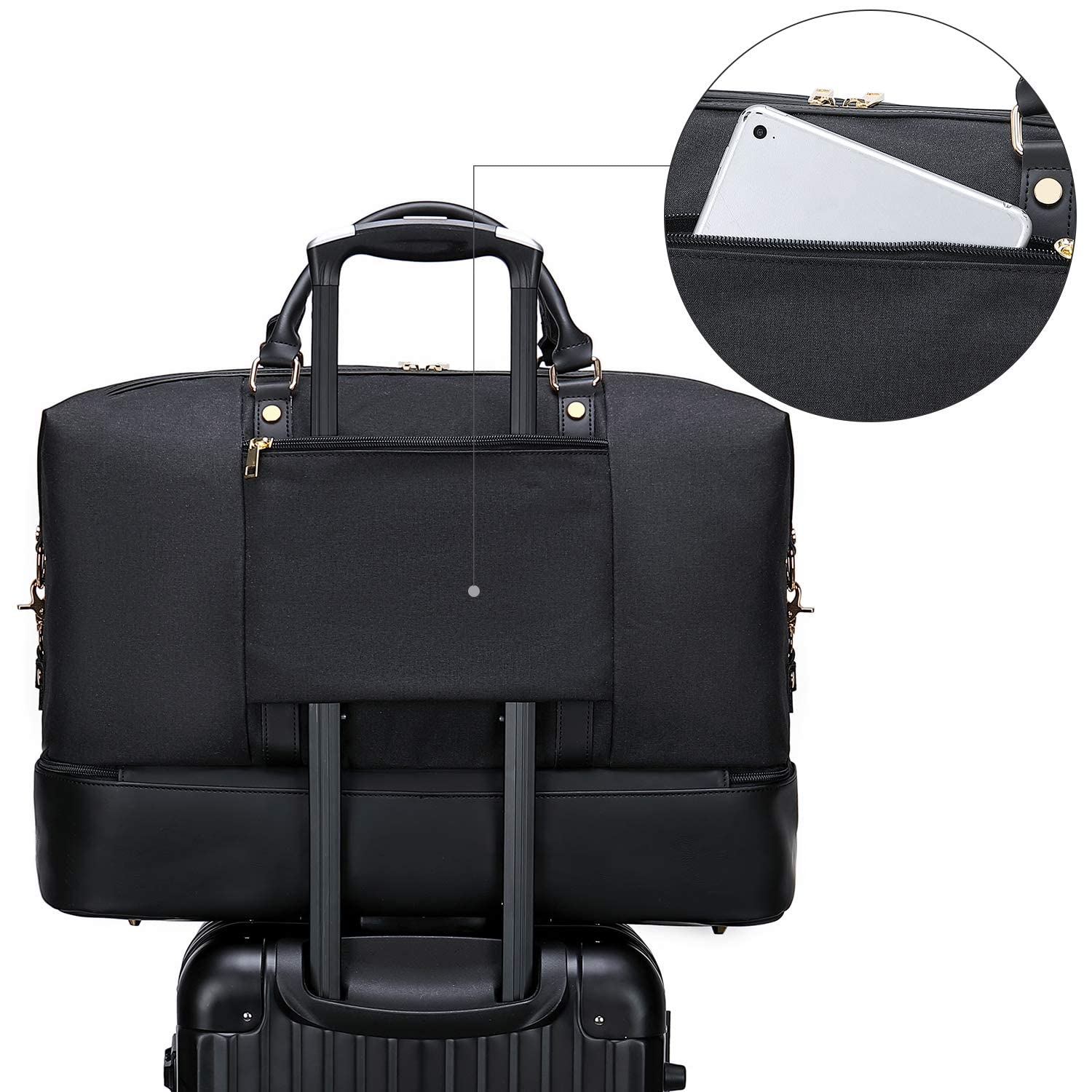 Weekender Overnight Bag Oversized Travel Duffel for Men and Women Carry On Tote Shoe Compartment (Black D)
