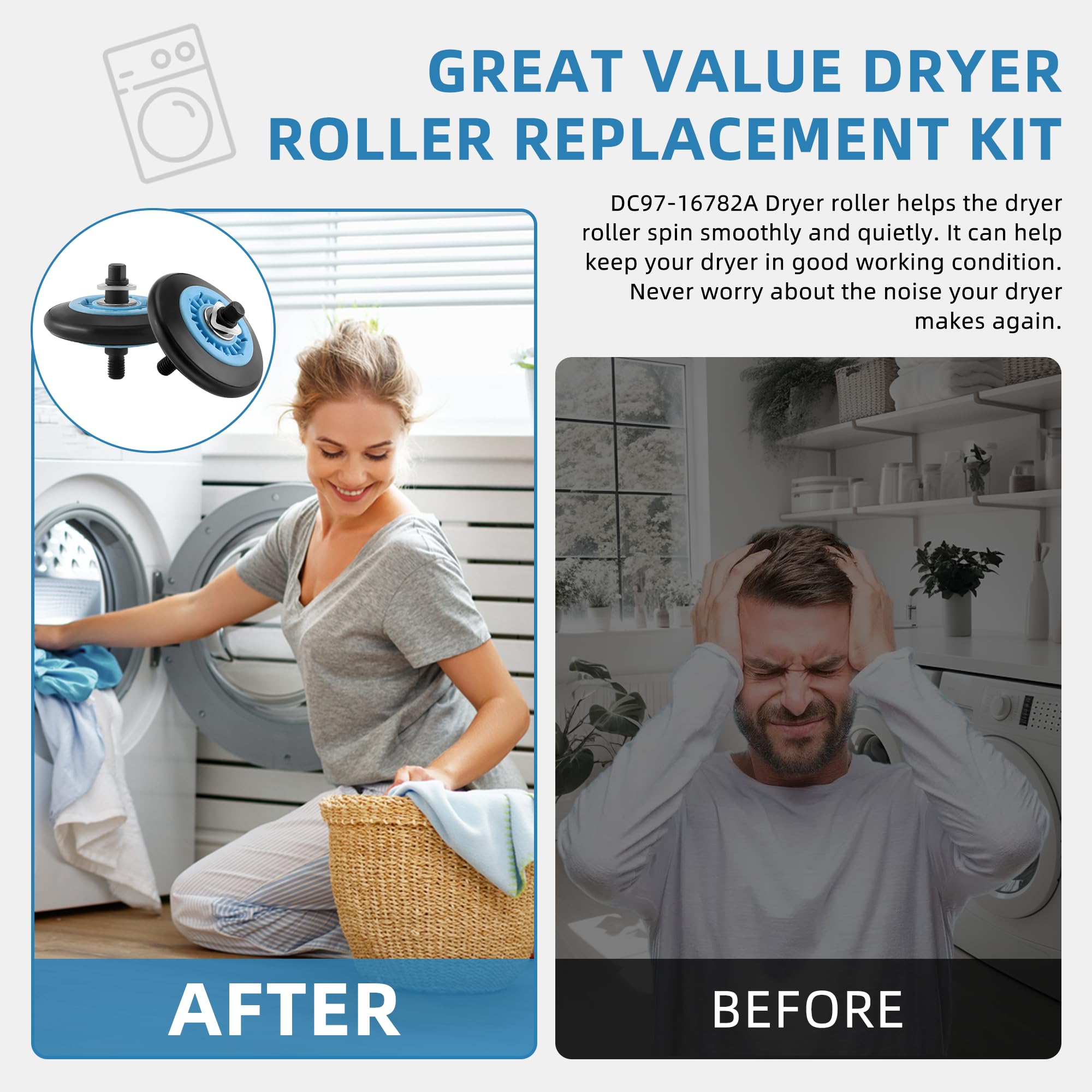 Upgraded Dryer Repair Kit DC97-16782A Dryer Roller Compatible with Samsung DV50K86EV/A3 DV40J3000EW/A2 DV42H5000EW/A3 Includes 6602-001655 Dryer Belt DC93-00634A Dryer Idler Pulley With Tension Spring