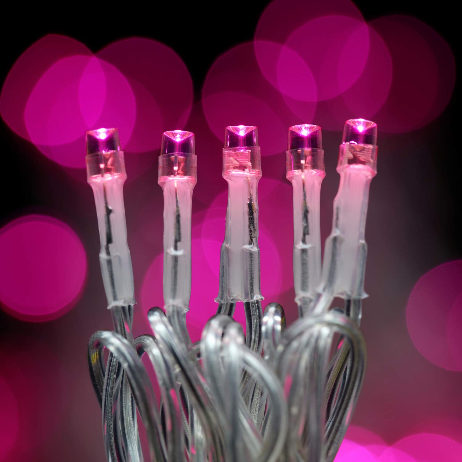 YULETIME 100 Feet 300 Count Pink LED String Lights with 8 Models Adapter, Clear Wire Wide Angle 5mm Christmas Lights (Pink - Multimode)