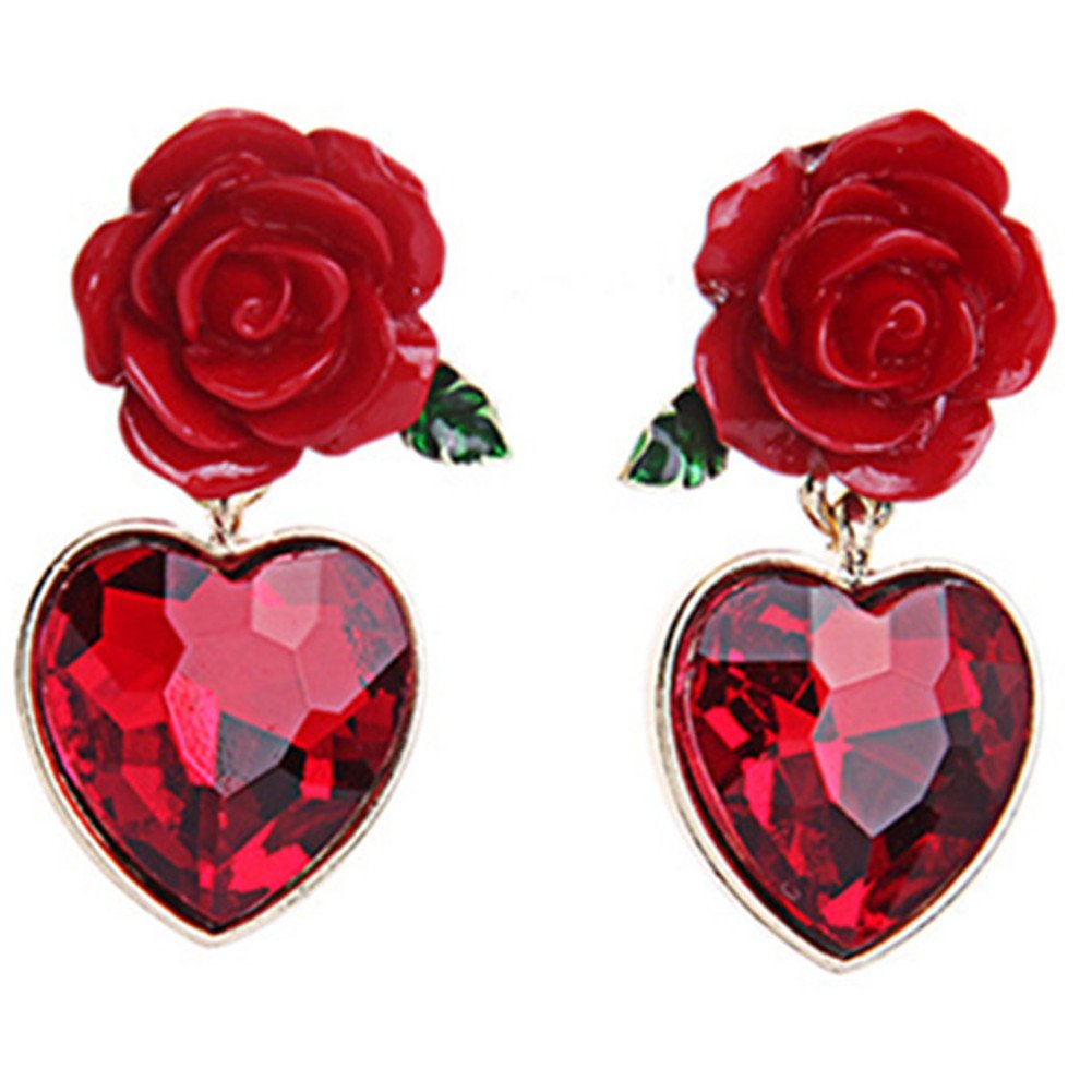 XCFS 18K Gold Plated Vintage Simulated Ruby Heart&Red Rose Flower Women Girls Stud Earrings