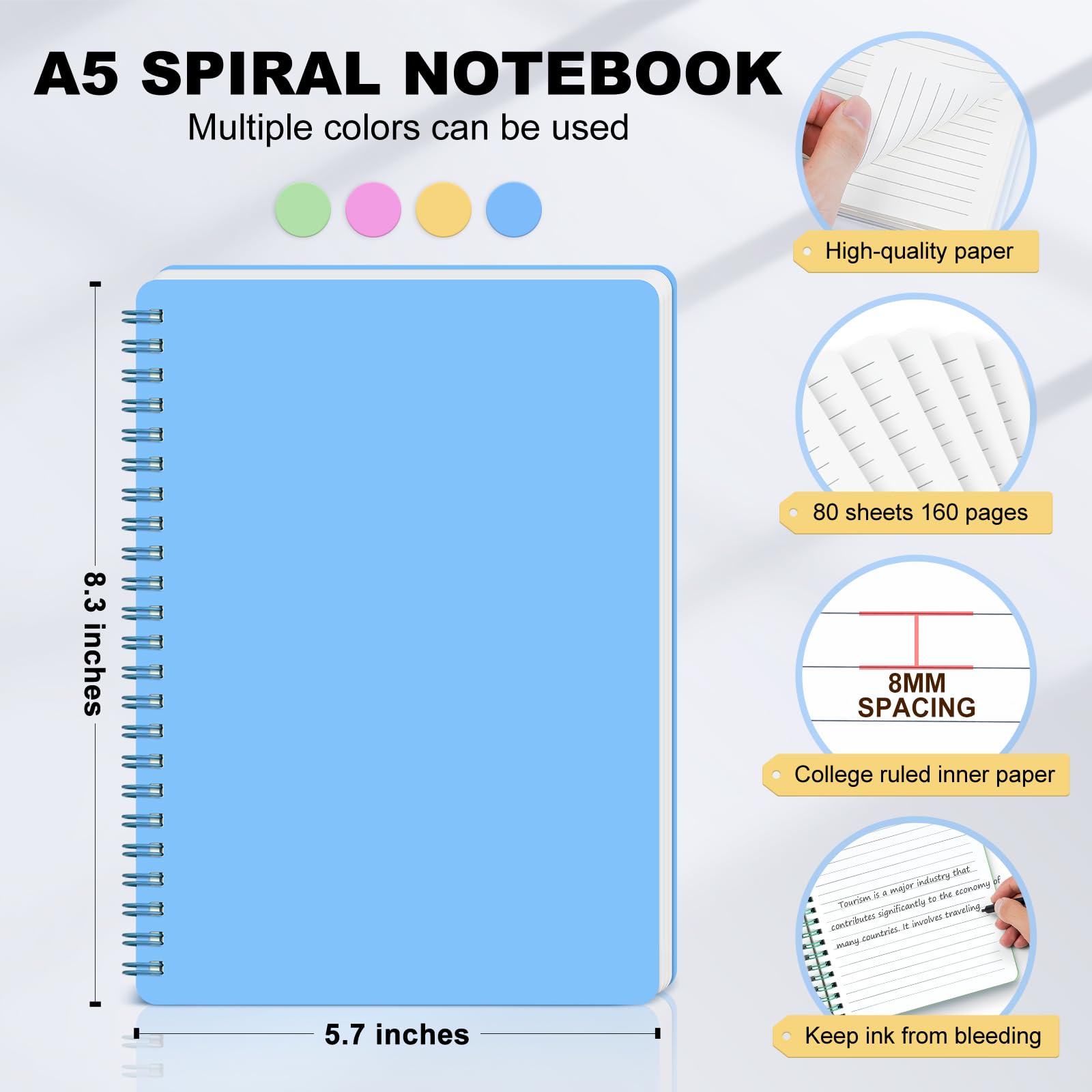 YEEBAY Spiral Notebook, 5.7" x 8.3" College Ruled Notebook with 4 Colors Spiral Journals, 80 Sheets/160 Pages Per Journal with Twin-Wire Binding, Thick Plastic Hardcover and 8mm Ruled Lined