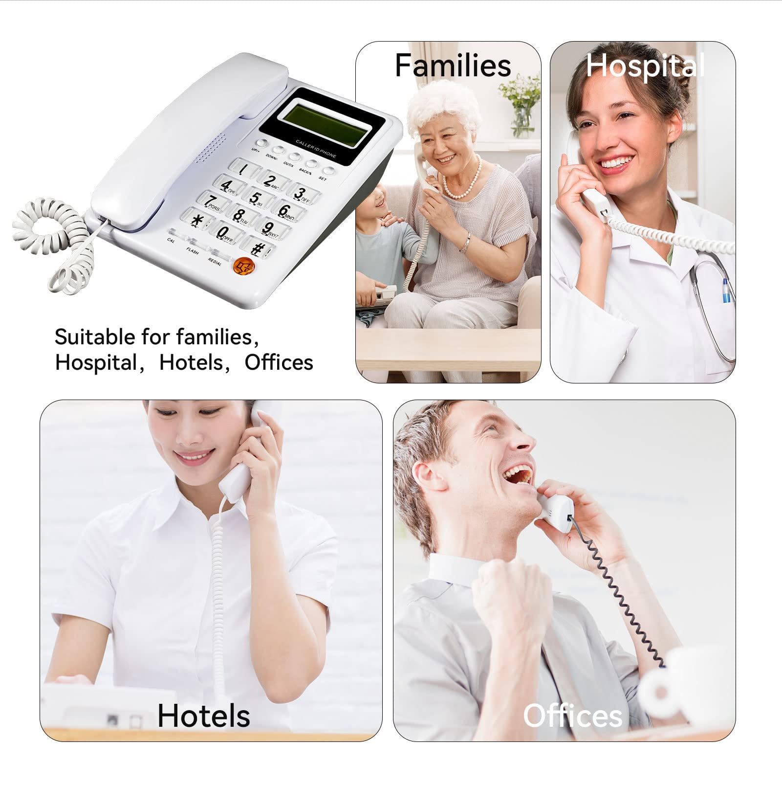 Upgraded Telephone Corded Phone Dual Interface Wired Telephone Big Button Landline Phones with Number Display Suitable for Office, Front Desk, Home, Hotel, Seniors (Black) (White)